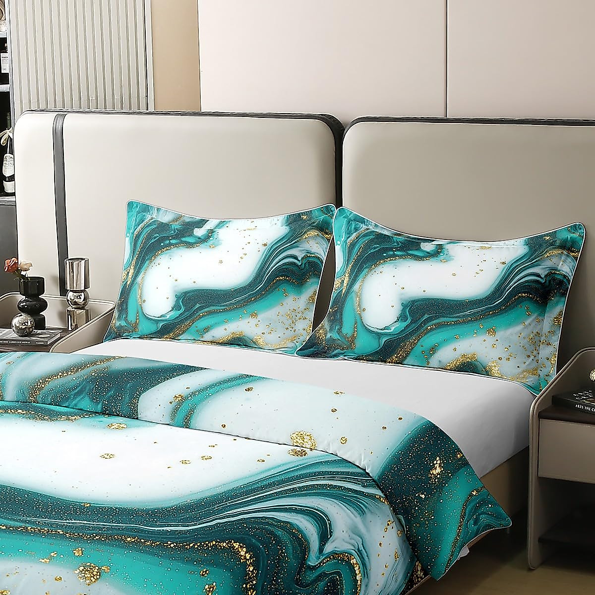 Erosebridal Teal Marble Duvet Cover Twin,Gold Glitter Turquoise 100% Organic Cotton Bedding Set,Stone Marble Bed Sets with 1 Pillowcase for Boys Girls,Tie Dye Fluid Magma Abstract Art Comforter Cover