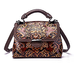 LMKIDS Genuine Leather Purses and Handbags for Women,Organizer Top Handle Satchel Vintage Embossing Totem Shoulder Bag (Red)