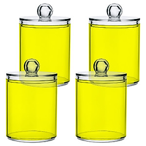 Yellow Qtip Holder Organizer Dispenser Cotton Swabs Cans Plastic Jars with Lid Set 4 Pack Bathroom Storage Canister for Cotton Ball Floss Cotton Pads