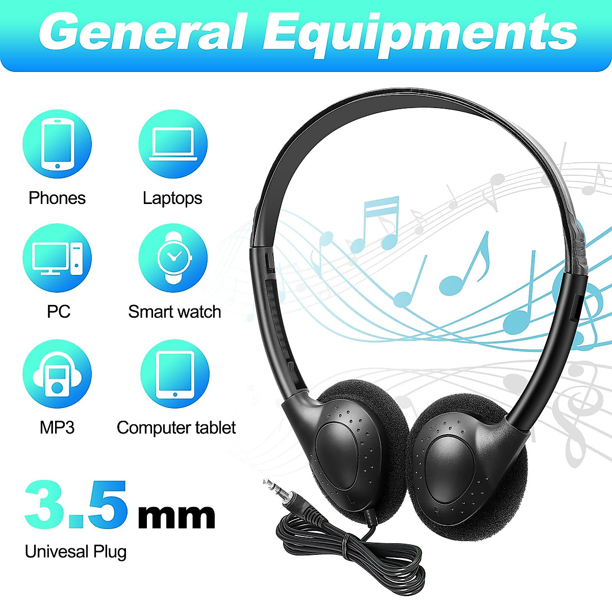 Hoteam 100 Pack Headphones for Classroom Bulk Students Adjustable Headphones Wired Pack Black Over The Head Earphones with 3.5 mm Plug for School Library Museums Teen Boys Girls Adults(Black)