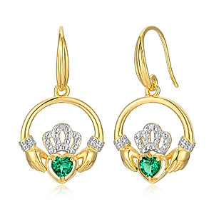 MORGAN & PAIGE 18K Yellow Gold Plated .925 Sterling Silver Created Emerald Diamond-Accent Round Claddagh Heart 1" Drop Earrings (I-J / I3)