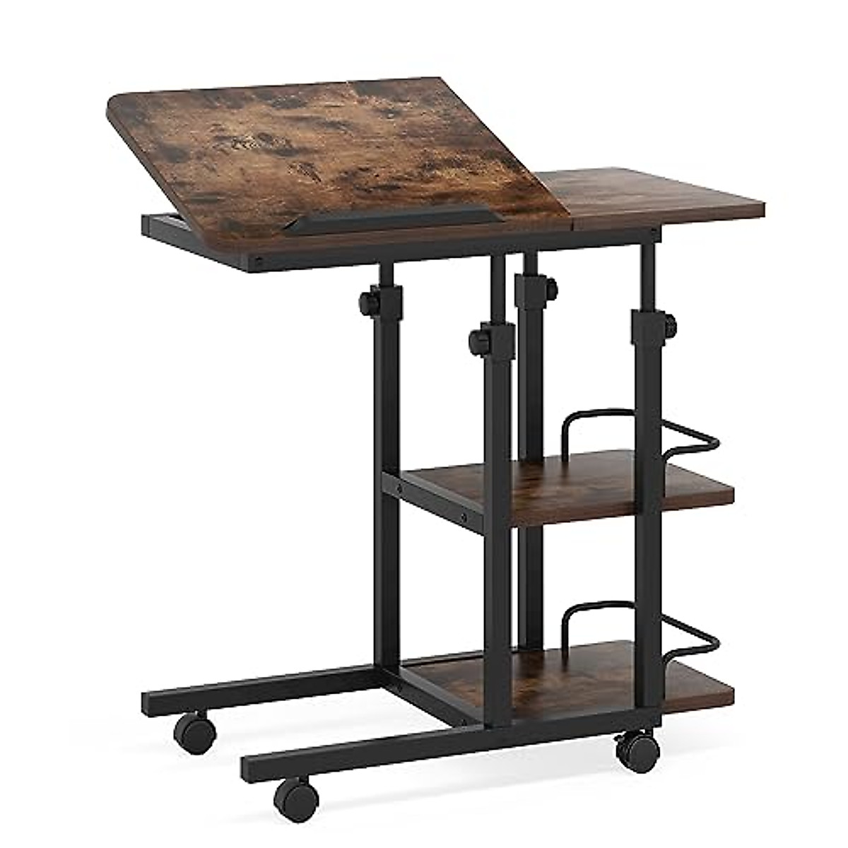 Tribesigns Height Adjustable C Table with Storage, Mobile Couch Snack Side Table with Tiltable Drawing Board, Sofa Bedside Table Laptop Rolling Cart for Bedroom, Living Room (Rustic Brown)