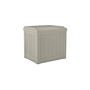 Suncast Small Deck Box-Lightweight Resin Indoor/Outdoor Storage Container and Seat Cushions and Gardening Tools Store Items on Patio, Garage, Yard, 22 Gallon, Light Taupe