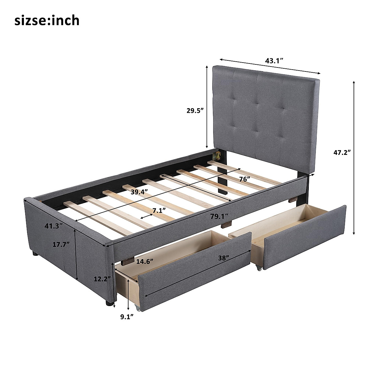 HZSSDTKJ Twin Size Linen Upholstered Platform Bed with Headboard and 2 Storage Drawers, Wooden Daybed Frame with Slat Support for Kids Teens Girls Boys Adults, No Box Spring Needed (Gray-04, Twin)