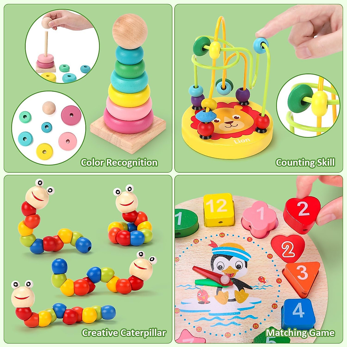 Qizebaby Montessori Toys for 2 Year Old Boys Girls, 6PCS Kids Wooden Toys, Baby Boy Toys 3-6 Year Old, Preschool Educational Learning Toy for Kids Ages 3 4 5 6+, Birthday Gifts