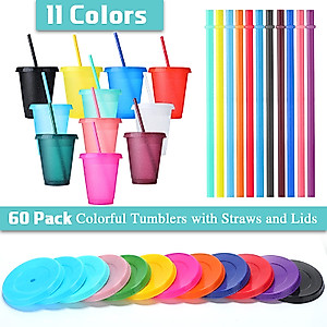 Potchen 60 Pack Plastic Cups with Straws and Lids Reusable Kids Tumbler with Straw Water Bottle Iced Coffee Travel Mug Cup Adults Plastic Cups 16 oz for Parties