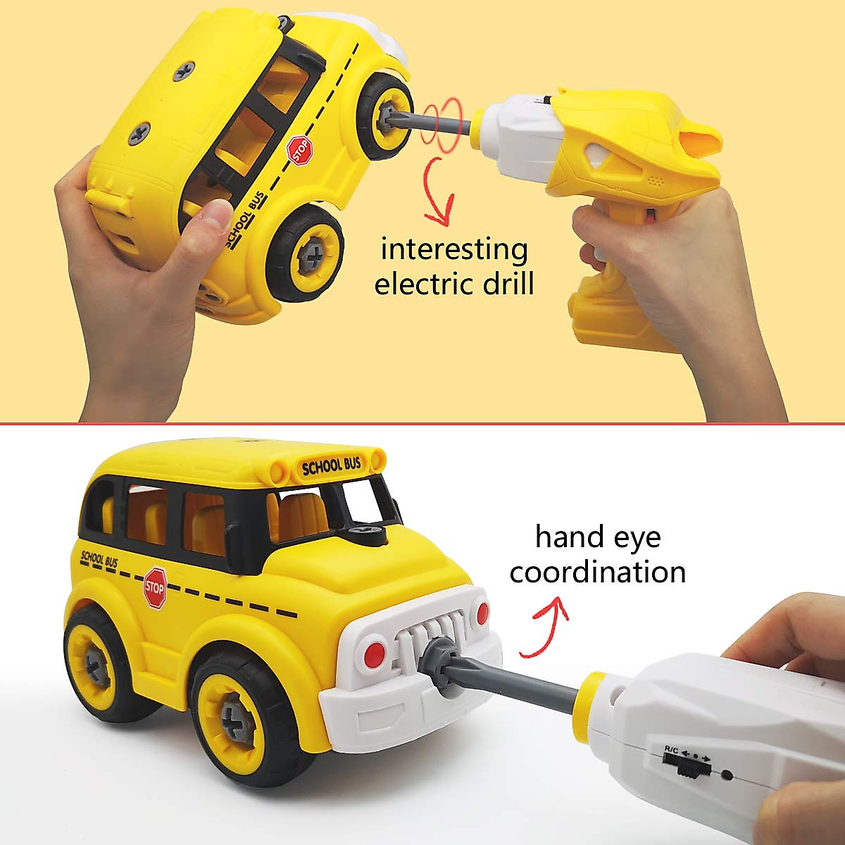 QUN FENG Take Apart Toys with Electric Drill|Remote Control Car 2 in 1 Construction Truck School Bus Taxi|Gift Toys for Boys 3,4,5,6,7 Year Olds|2.4G Stem Building Learning Toys