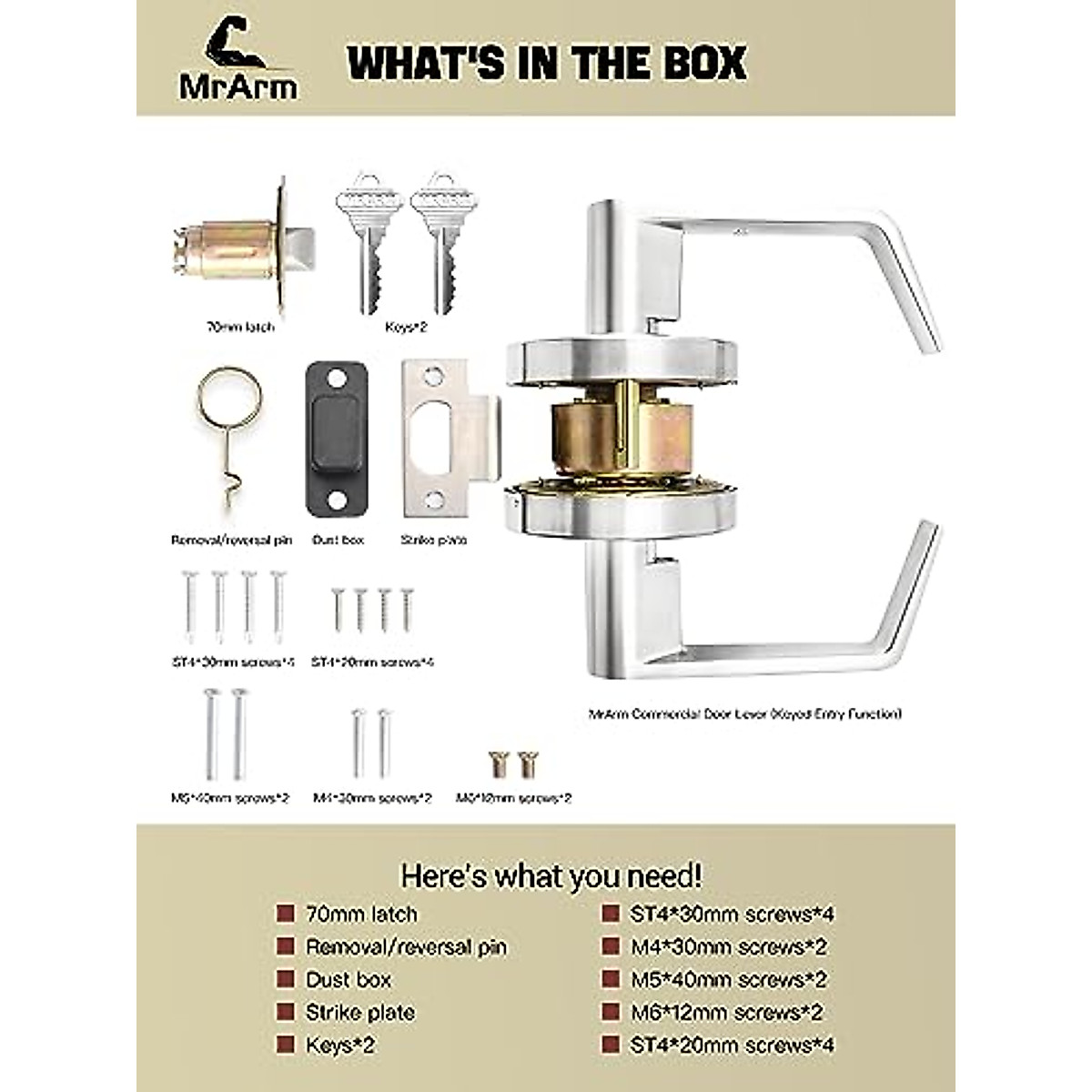 MrArm Commercial Door Lever Lock, Heavy-Duty Locking Door Handle, Designer Door Handles, Cylindrical Lever Lock, Non-Handed Grade 2 Industrial Standard Door Handle, Satin Chrome(Keyed Entry)