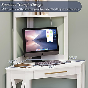 BELLEZE Corner Desk with Hutch, Compact Home Office Desk with Display Shelf and Drawer, Space Saving Writing Desk with Charge Outlets and LED Lights for Living Room, Bedroom - Tate (White)