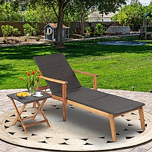 HAPPYGRILL Patio Lounge Chair with Folding Side Table Set, 4-Position Adjustable Recliner with Fully Flat Position, Outdoor PE Wicker Chaise Lounge with Acacia Wood Frame