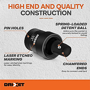 Impact Swivel Socket Set - 1/2, 3/8, and 1/4 Swivel Socket Set - Universal Joint Socket for Hard-To-Reach Angles - Premium Cr-Mo Steel Flexible Socket Extension Set - Rust Resistant - Drixet