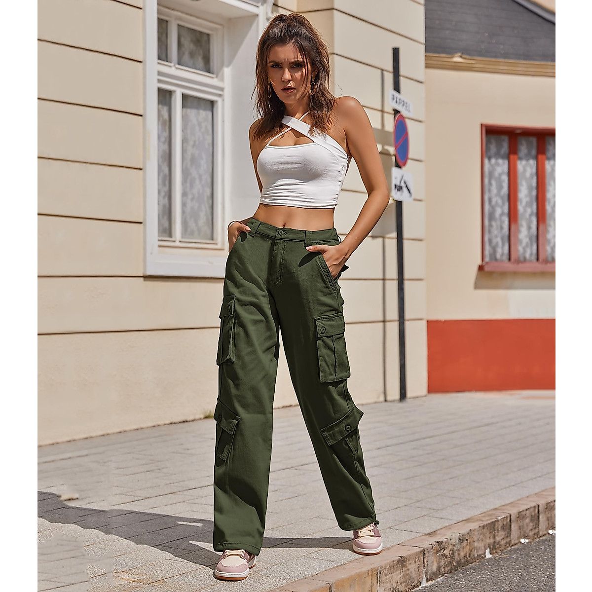 ZMPSIISA Women Pants High Waisted Cargo Pants Combat Military Wide Leg Casual Trousers 8 Pockets(Green,Medium)