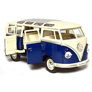 KINGSMART 1962 Volkswagen Classic Hippy Bus 7" 1:24Scale Blue Die Cast Metal Model Toy Pull Back Action Car