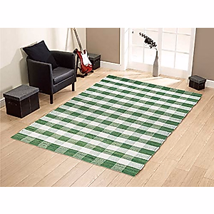 GLAMBURG Cotton Reversible Area Rug 3' x 5' Farmhouse Floor Mat, Handwoven Washable Carpet Checkered Plaid Rug for Front Porch Living Room Kitchen Bedroom - Green White