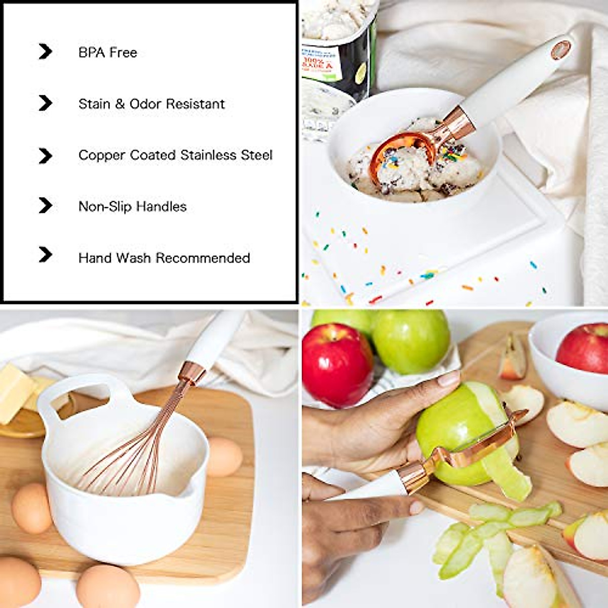 COOK With COLOR 7 Pc Kitchen Gadget Set Copper Coated Stainless Steel Utensils with Soft Touch White Handles