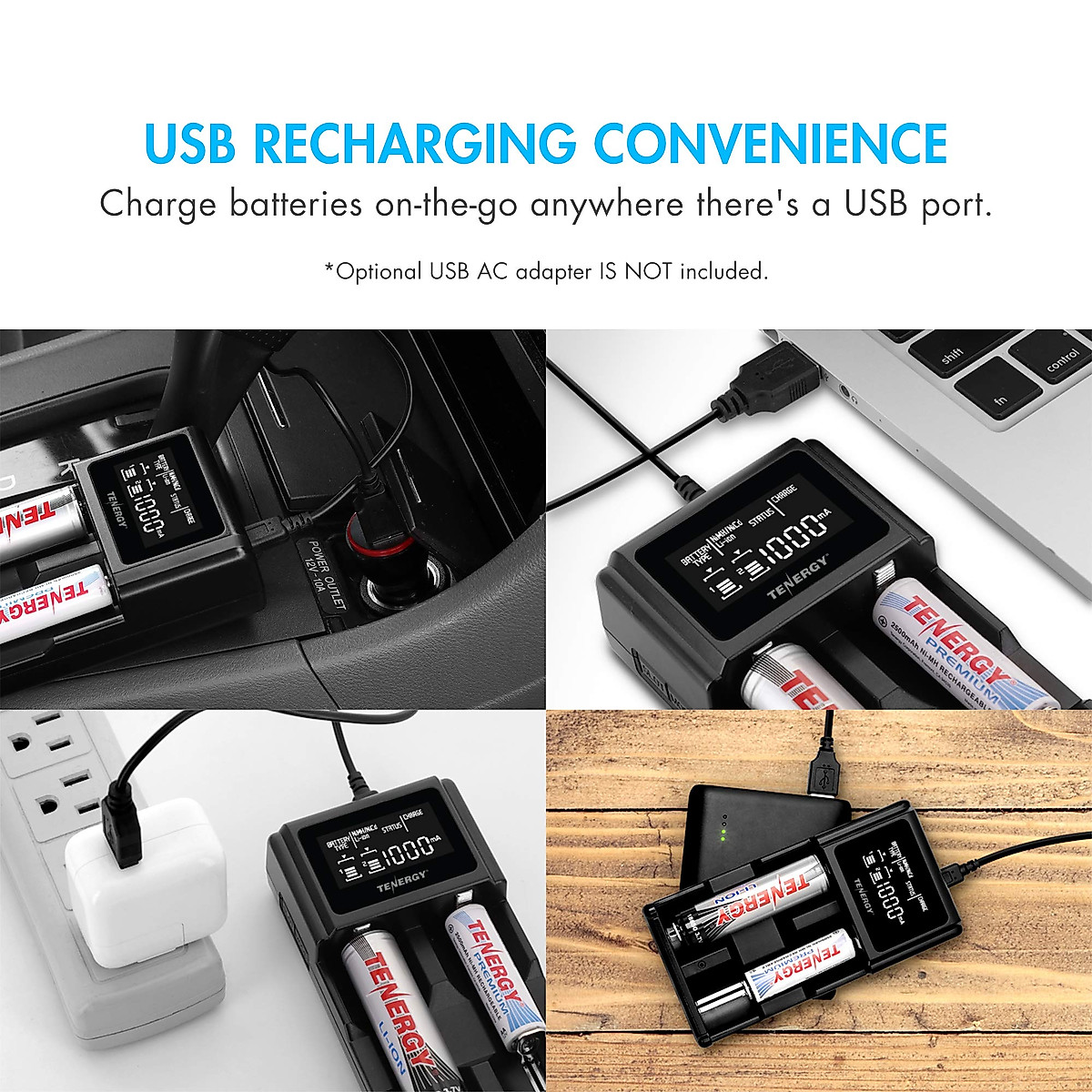 Tenergy TN471U 2-Bay Universal Battery Charger with LCD for Li-ion/NiMH/NiCD Rechargeable Batteries, Micro USB Input, Portable Charger for Batteries Sizes 18650, 16340, 26650, AA, AAA, and More