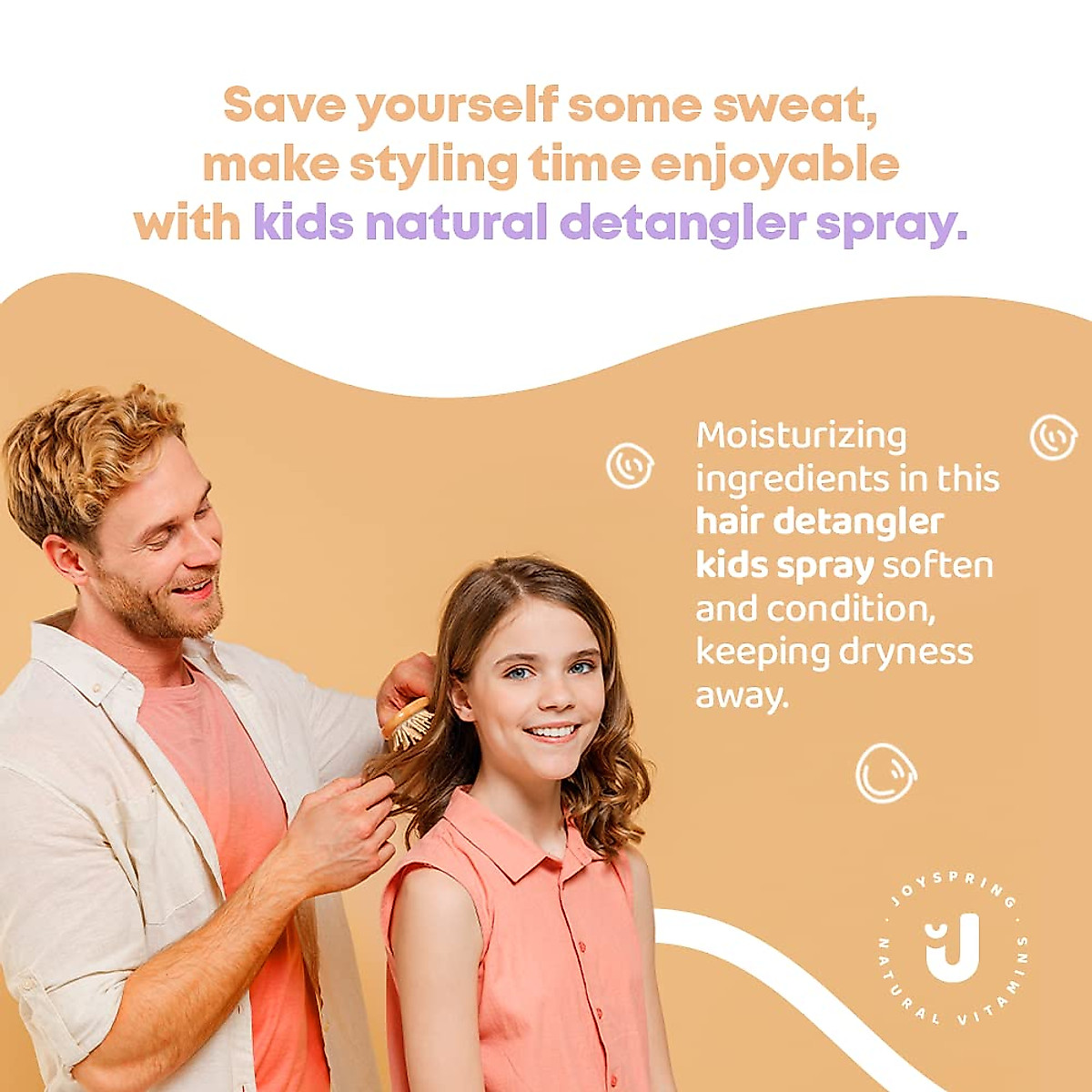 JoySpring Detangle Spray for Kids - Natural Conditioner & Detangler Spray with Argan Oil & Apricot - Curly Hair Detangling Spray (8 oz)