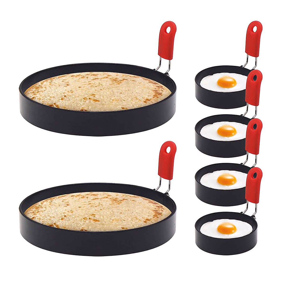 ESCULTORA 6PCS Pancake Ring, Cooking Rings, Nonstick Black Coated Metal Egg Ring with Anti-scald Handle for Griddle, DIY Sandwich Eggs, English Muffin, Pancakes, Burger, Breakfast
