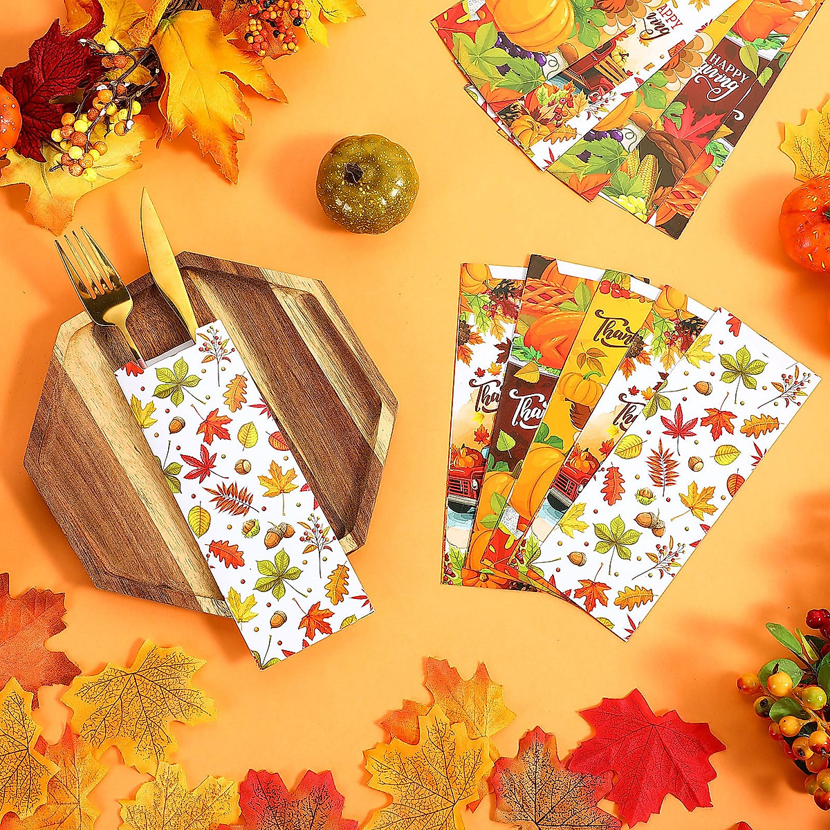 Containlol 100 Pack Fall Thanksgiving Silverware Bags Disposable Thankful Kraft Paper Cutlery Bags Autumn Utensil Holders Rustic Kitchen Decor Table Decorations for Harvest Party Supplies
