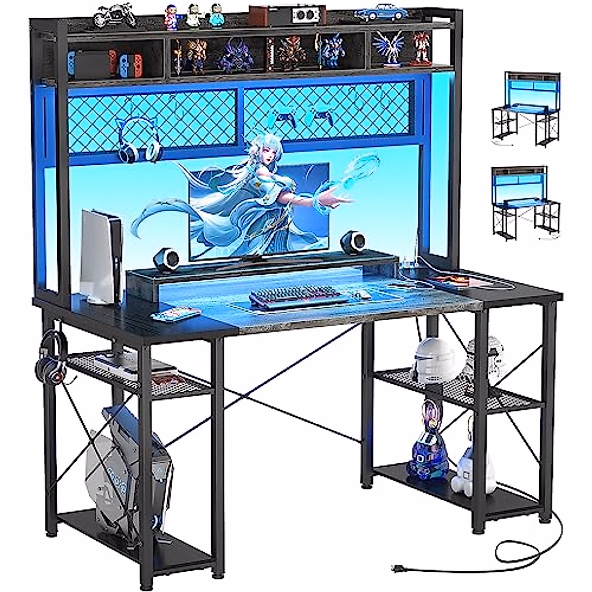 armocity 2023 Upgrade Gaming Desk with Hutch, 48'' Magic Computer Desk with LED Lights and Outlets, Reversible Workstation Desk with Pegboard and Monitor Stand, 48 Gamer Desk PC Table, Grey and Black