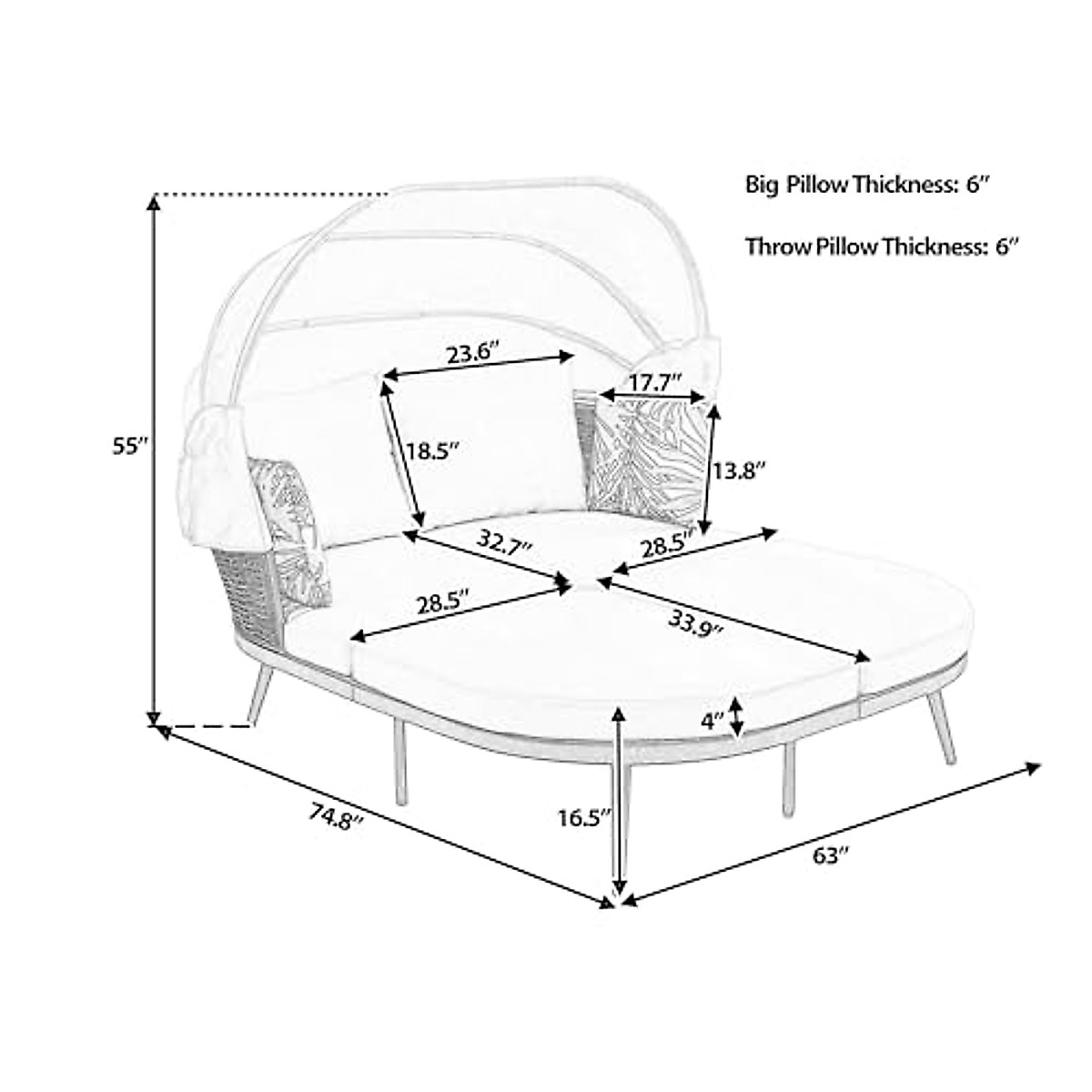 EOVTK Patio Daybed Double Chaise Lounge with Retractable Canopy, Cushions and Metal Frame, Outdoor PE Wicker Back Loveseat Sofa Set for Backyard, Poolside, Garden, Brown