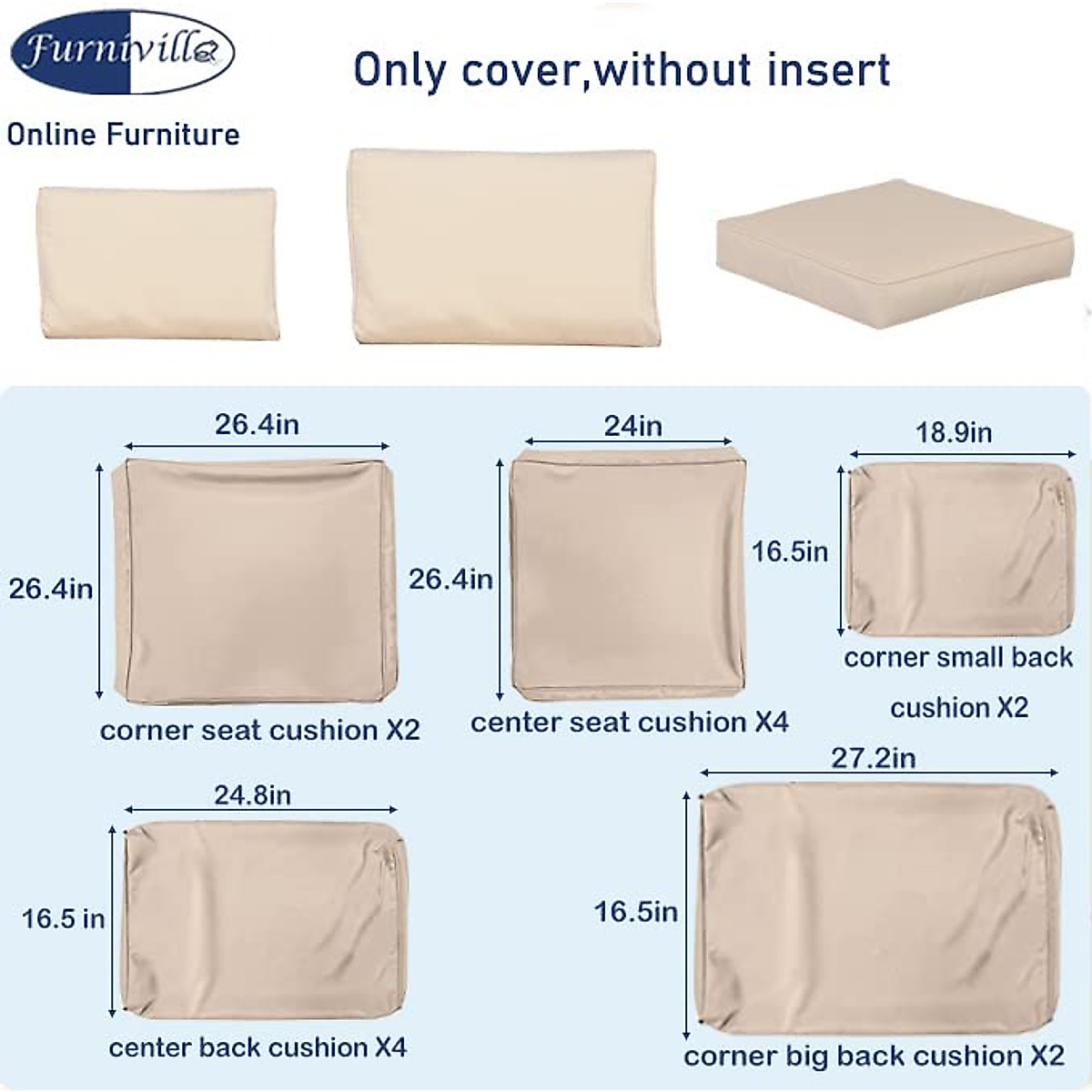 Furnivilla 14-Piece Patio Furniture Conversation Sets Cushion Covers Patio Sets Cushion Covers Replacement for 7-Piece Outdoor Furniture Set (Beige)