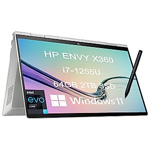 HP Envy X360 15 15.6" FHD 2-in-1 Touchscreen (Intel 12th Gen i7-1255U, 64GB RAM, 2TB PCle SSD, Active Stylus) FHD Convertible Laptop, Backlit KB, Pen, 2 x Thunderbolt 4, Webcam, Win 11 Home