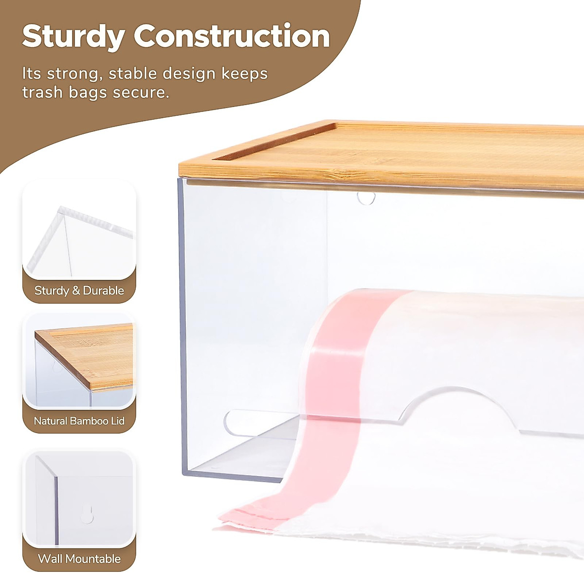 JYPS Trash Bag Holder Dispenser Organizer With Bamboo Lid, Wall Mounted, Garbage Bag Dispenser Holder, Trash Bag Dispenser Standrad Roll Holder for Kitchen Organization, Under Sink