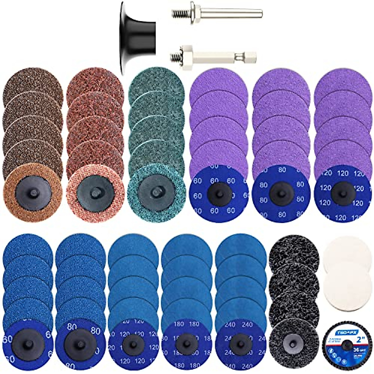TSOAPX 62 PCS Sanding Disc Set, 2 inch Roll Lock Quick Change Sanding Discs with 1/4" Holders, Die Grinder Surface Conditioning Prep Strip Grind Polish Finish Burr Rust Paint Removal