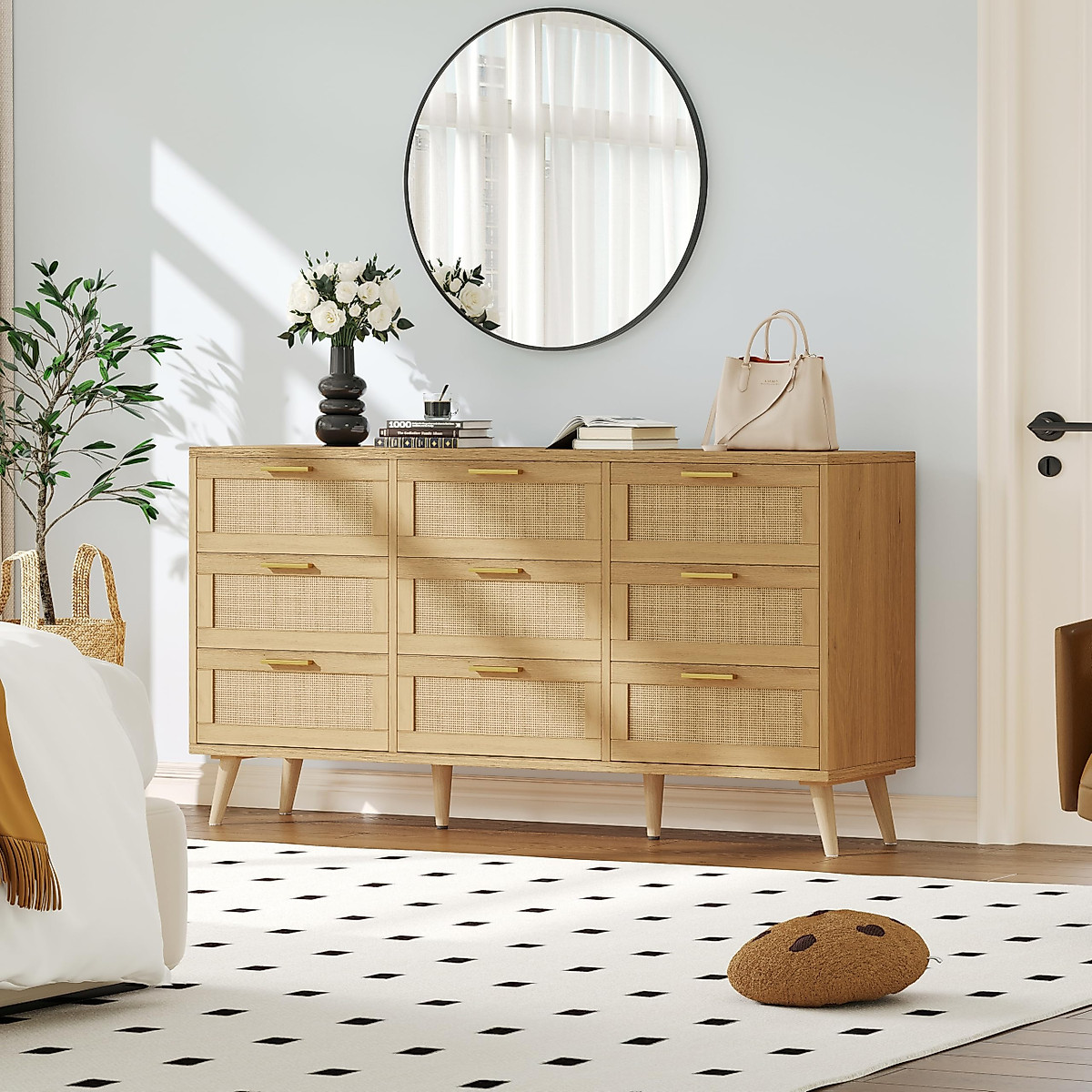 Keehusux Rattan 9 Drawer Dresser for Bedroom, Accent Storage Dresser with Solid Wooden Legs, Long Chest of Drawers with Metal Handles for Closet, Living Room, Entryway, Natural KES003MDG