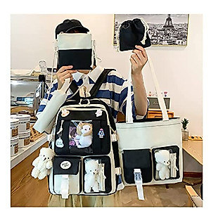 AONUOWE 5 pcs Cute Aesthetic Backpack Set for School Teens, 3 Plushies & 5 Pins & Cards Kawaii Backpack with Accessories (Black)