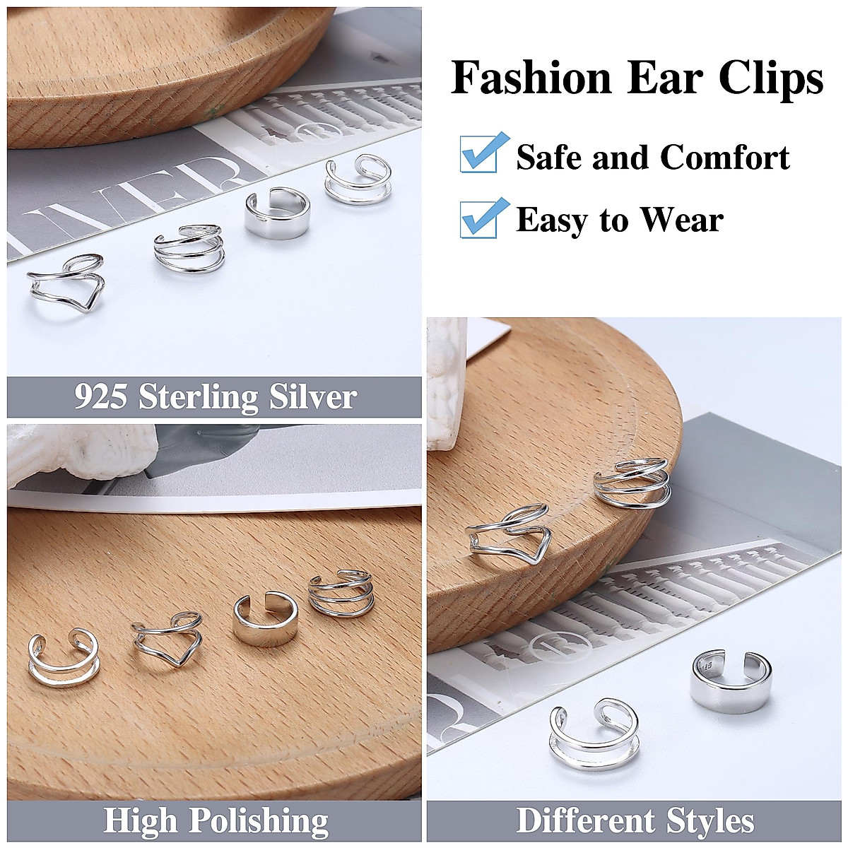 THUNARAZ 925 Sterling Silver Ear Cuffs for Women No Piercing Minimalist Helix Fake Piercing Cartilage Cuff Earrings 4 Styles