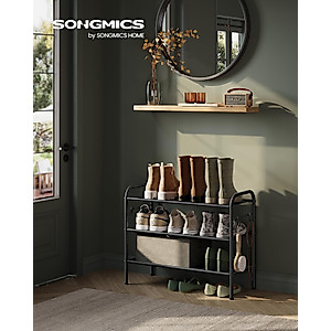 SONGMICS Shoe Rack, 3 Tier Shoe Organizer, Fabric Shoe Shelf Storage with 4 Hooks, Holds up to 12 Pairs of Shoes, Height-Adjustable Shoe Rack for Entryway, Hallway, Closet, Easy Assembly, Ink Black