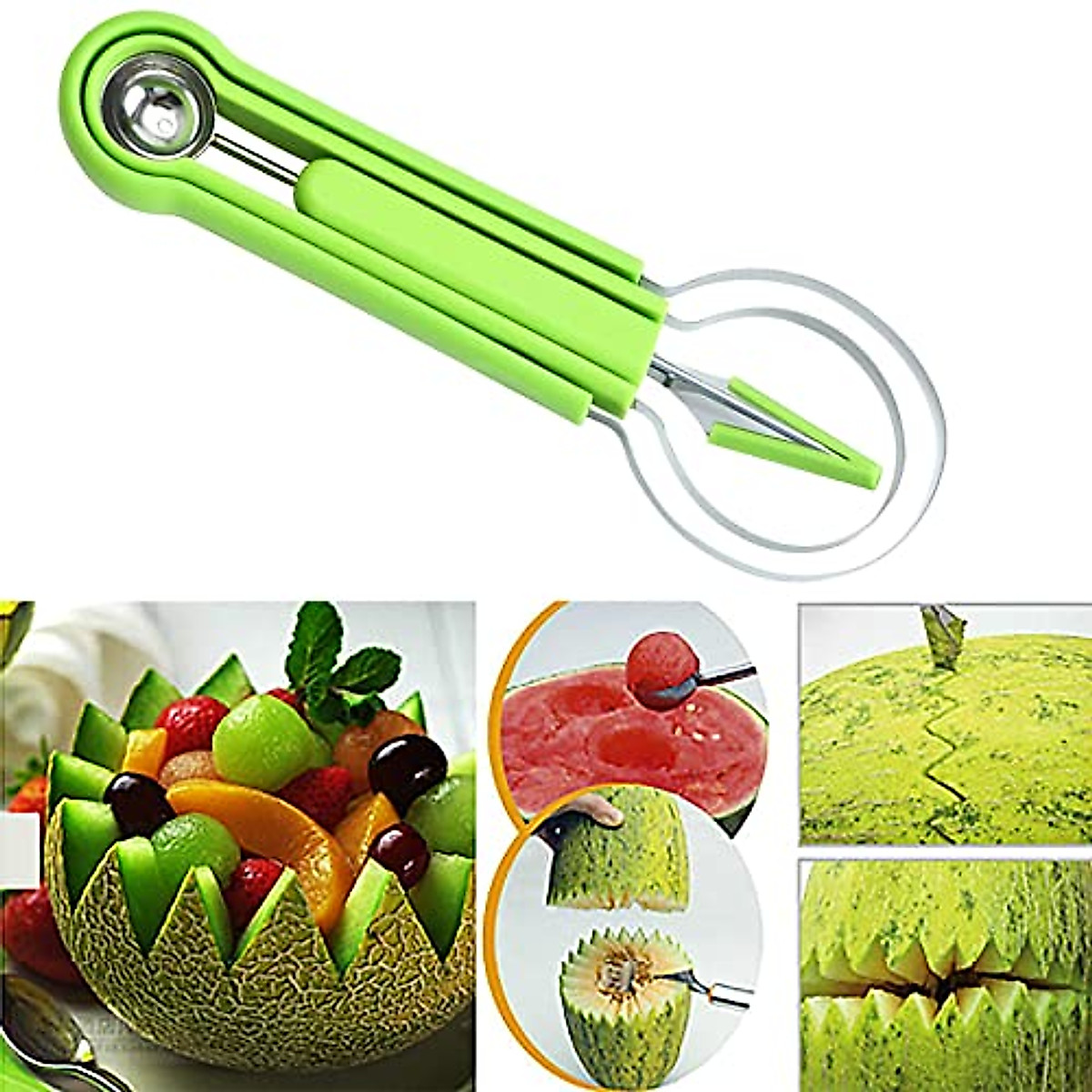 Esmartlife Melon Baller Scoop Set, Professional 4 In 1 Stainless Steel Fruit Carving Tools Knife Kit,Fruit Scooper Double Sided Melon Baller for Watermelon Ice Cream（Green)