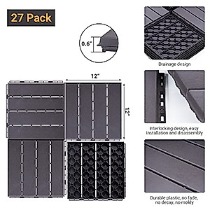 LYMJARD Interlocking Deck Tiles, 27 Pack Plastic Outdoor Flooring, 12"x12" Weatherproof Patio Tiles for Outside Balcony Garden Poolside Pathway Brownish Grey
