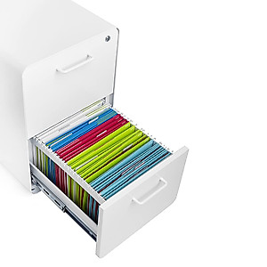 Poppin Stow 2-Drawer File Cabinet - White. Powder-Coated Steel. Legal/Letter Sized Drawers. Two Locking and Two Non-Locking Wheels. Two Keys Included. 1 Lock for Both Drawers