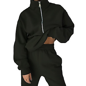 Kissonic Womens Two Piece Outfits Tracksuit Sets Half Zipper Fleece Joggers 2 Piece Long Sleeve Sweatshirts Jogger Pant(Black-L)