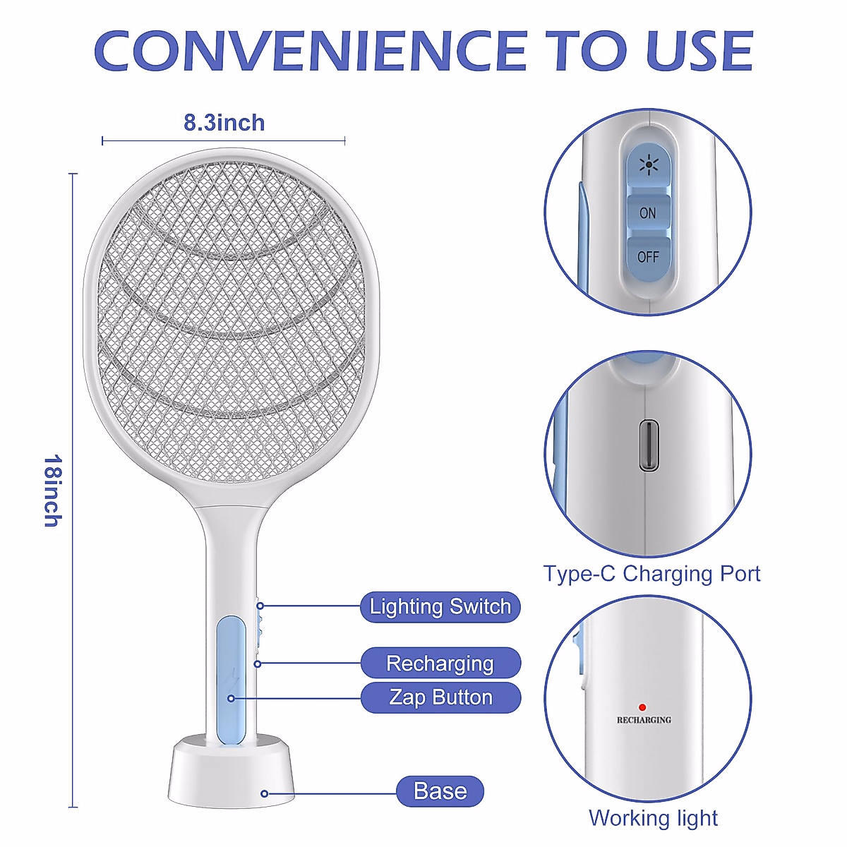 Bug Zapper 2 Pack, VANELC Electric Fly Swatter Racket Fly Zapper, 3000 Volt USB Rechargeable Fly Trap Mosquito Zapper Pest Insects Control for Home, Kitchen, Office, Outdoor