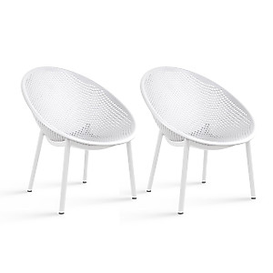 2xhome Set of 2 Modern Oval Chairs, Contemporary Accent Lounge Chairs with Perforated Breathable Egg Shaped Pod Seat for Kitchen, Dining, Patio, Indoor, Outdoor, White