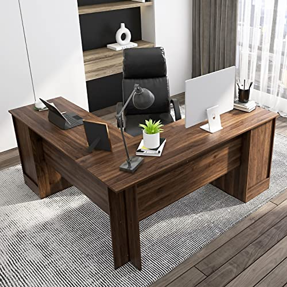 Tangkula L-Shaped Office Desk with Storage Drawers & Keyboard Tray, Home Office Corner Computer Desk with Cabinet & Inner Adjustable Shelf, Space-Saving Study Writing Desk, Computer Workstation