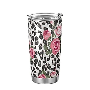Yasala Tumbler Leopard Print Pink Rose Insulated Coffee Cup Beverage Container Travel Mug with Straw and Lid Double Wall Stainless Steel 20oz BPA-Free for Sport, Back to School