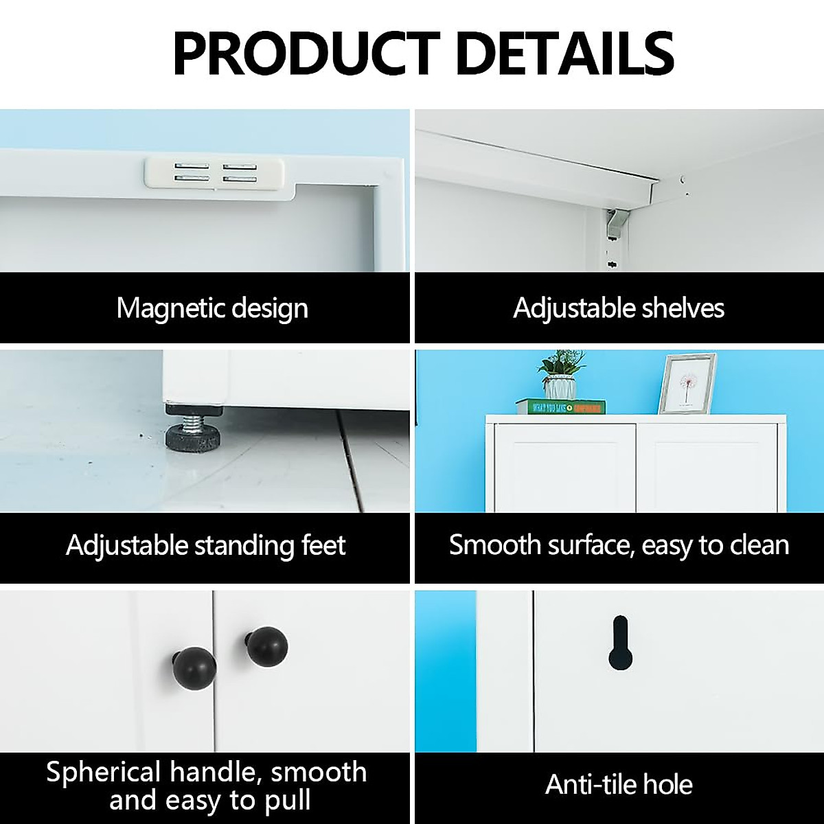 Fumedo 2 Door White Metal Storage Base Cabinet for Bed Room,Living Room,Home,Hotel,Office,Garage,Gym, School,2 Adjustable Shleves,3-Tiers