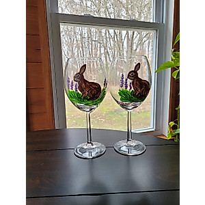 Bunny Rabbit Hand Painted Stemmed Wine Glasses Set of 2