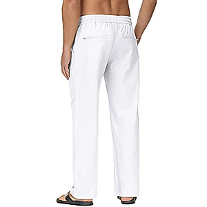 Boisouey Mens Linen Loose Pant Lightweight Elastic Waist Trouser Yoga Beach Pant White L
