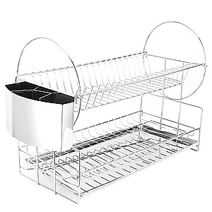 Dish Dryer Rack, Double Layer Stainless Steel Bowl Dish Rack - Space Saving Draining Rack and Storage Organizer - Premium Kitchen Accessories for Efficient Drying and Organization