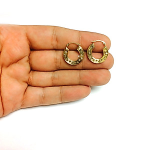 14K Yellow Gold Round Greek Key Hoop Earrings, Diameter 15mm