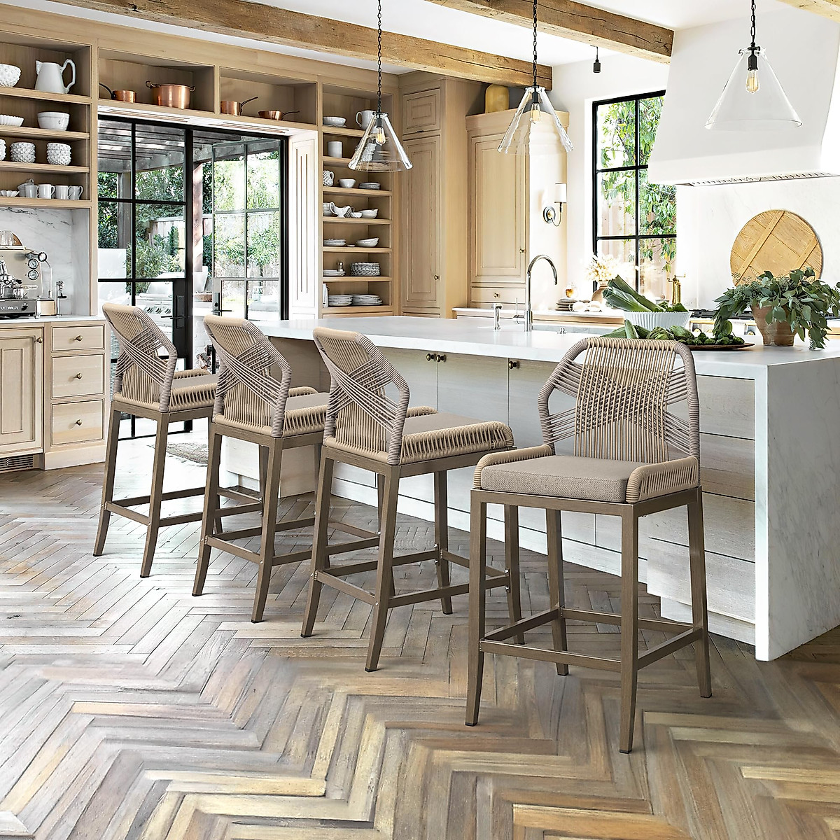 Cozyman Rattan Counter Height Bar Stools Set of 4, 27.5" H Boho Woven Rope Back Outdoor Barstools with Aluminum Legs for Kitchen Patio Garden, Yellowish Slate Grey