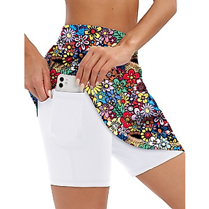 LouKeith Womens Knee Length Tennis Skorts Skirts Athletic Golf Skirts Casual High Waisted Drawstring Skirts with Pockets Colorful Flowers XL