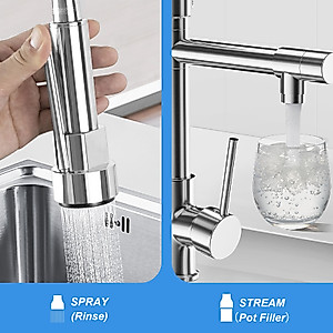 ZSW Kitchen Faucet with Pull Down Sprayer, Commercial Kitchen Sink Faucet with Pot Filler, Single-Handle Chrome Plated Stainless Steel Spring Sink Faucet