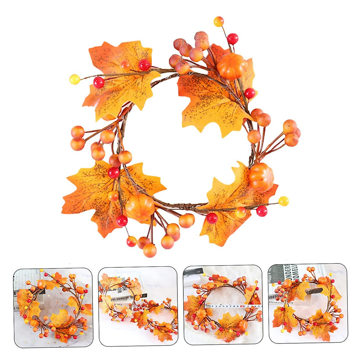 VOSAREA Maple Pumpkin Wreath Mini Autumn Wreath Farmhouse Fall Garland Halloween Party Wreath Decorative Hanging Wreath Pumpkin Candle Ring Mini Maple Leaf Front Door Iron Wire Ornaments